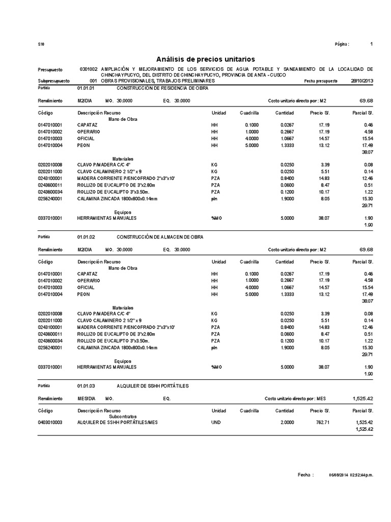 Analisis de Precios Unitarios Saneamiento | PDF | Presupuesto | Economias