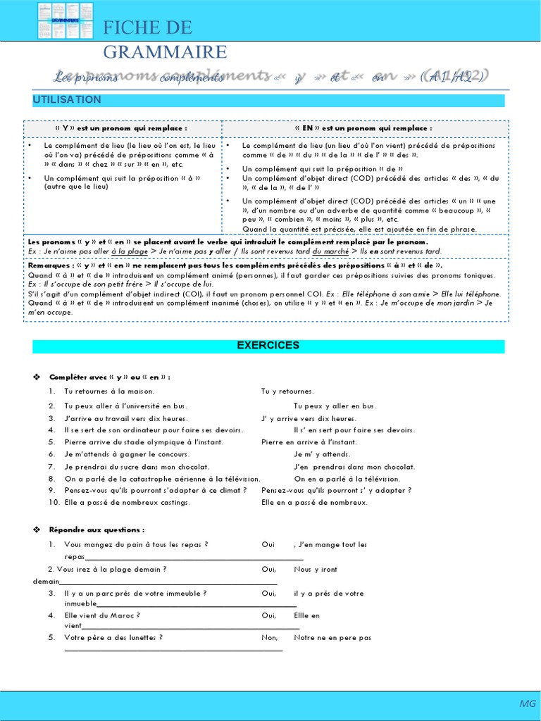 A1 A2 - Grammaire - Pronoms y En1 | PDF | Pronom | Adposition