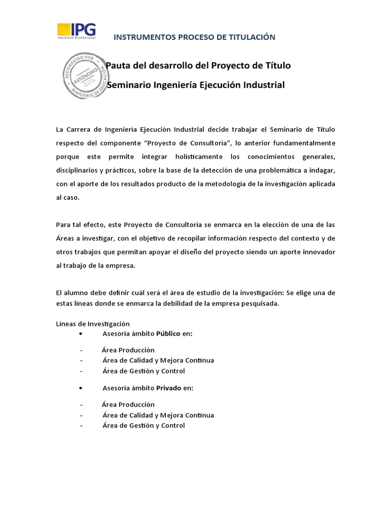 Pauta Proyecto de Titulo Profesional Ingeniería Ejecución Industrial | PDF | Metodología | Teoría