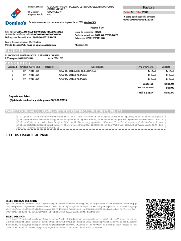 Cfdi OTA2005153T0 AI 2300 | PDF | Dinero