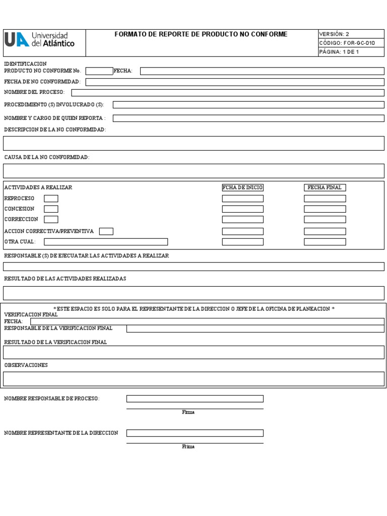 Reporte de Producto No Conforme GC010 | PDF