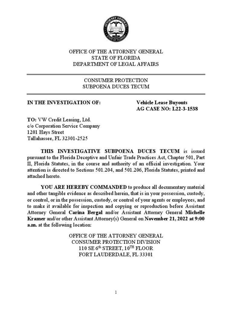 FL AG Subpoena Duces Tecum To VW Credit Leasing, LTD | PDF | Computer File | Databases