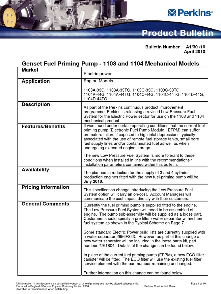 Genset Fuel Priming Pump - 1103 and 1104 Mechanical Models: Market Application | PDF | Pump ...