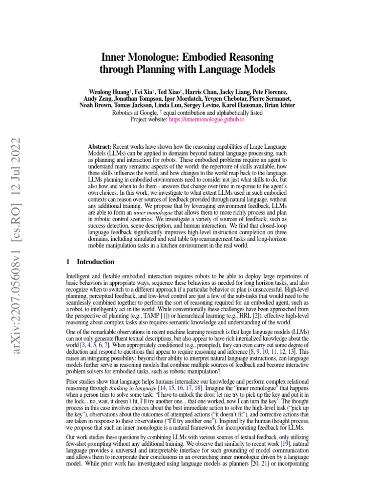 Inner Monologue: Embodied Reasoning Through Planning With Language Models | PDF | Robotics ...