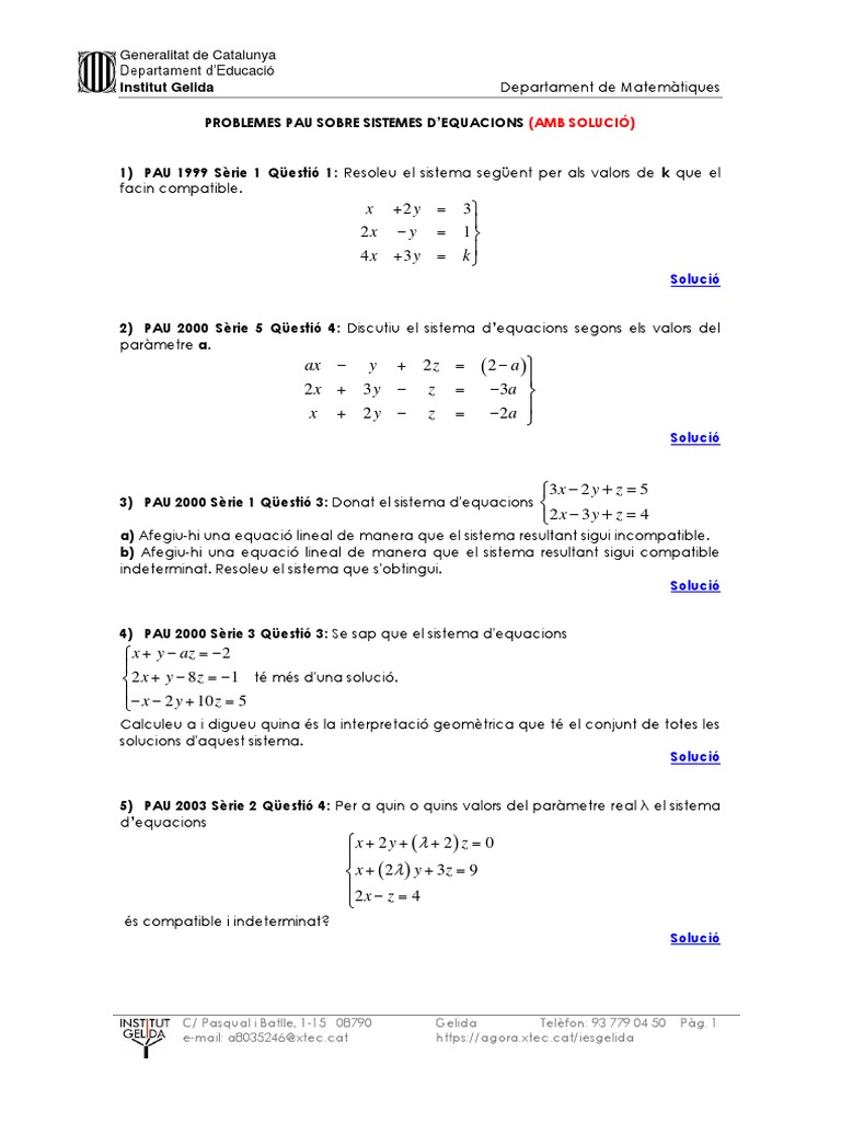 Recull Problemes Sobre Sistemes Dequacions A Les PAU | PDF