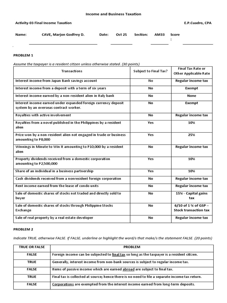 Activity03 - Final Income Taxation | PDF | Taxes | Income Tax
