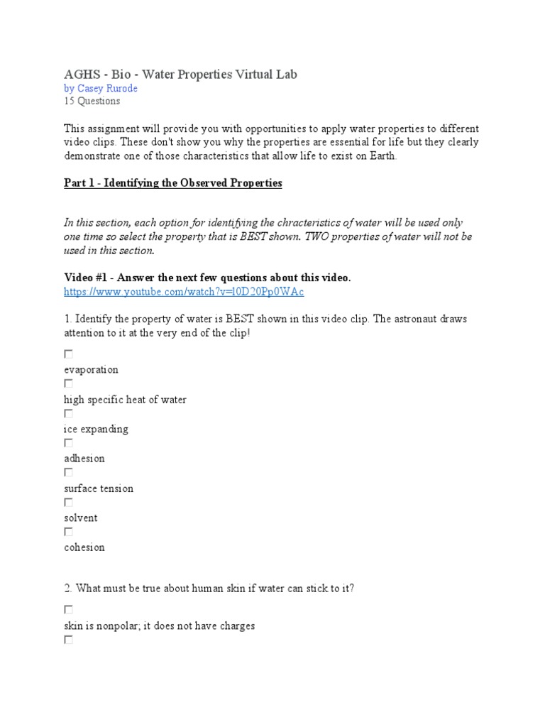 Water Properties Virtual Lab | PDF | Chemical Bond | Molecules