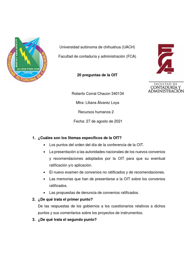 20 Preguntas de La OIT | PDF | Organización Internacional del Trabajo | Tratado