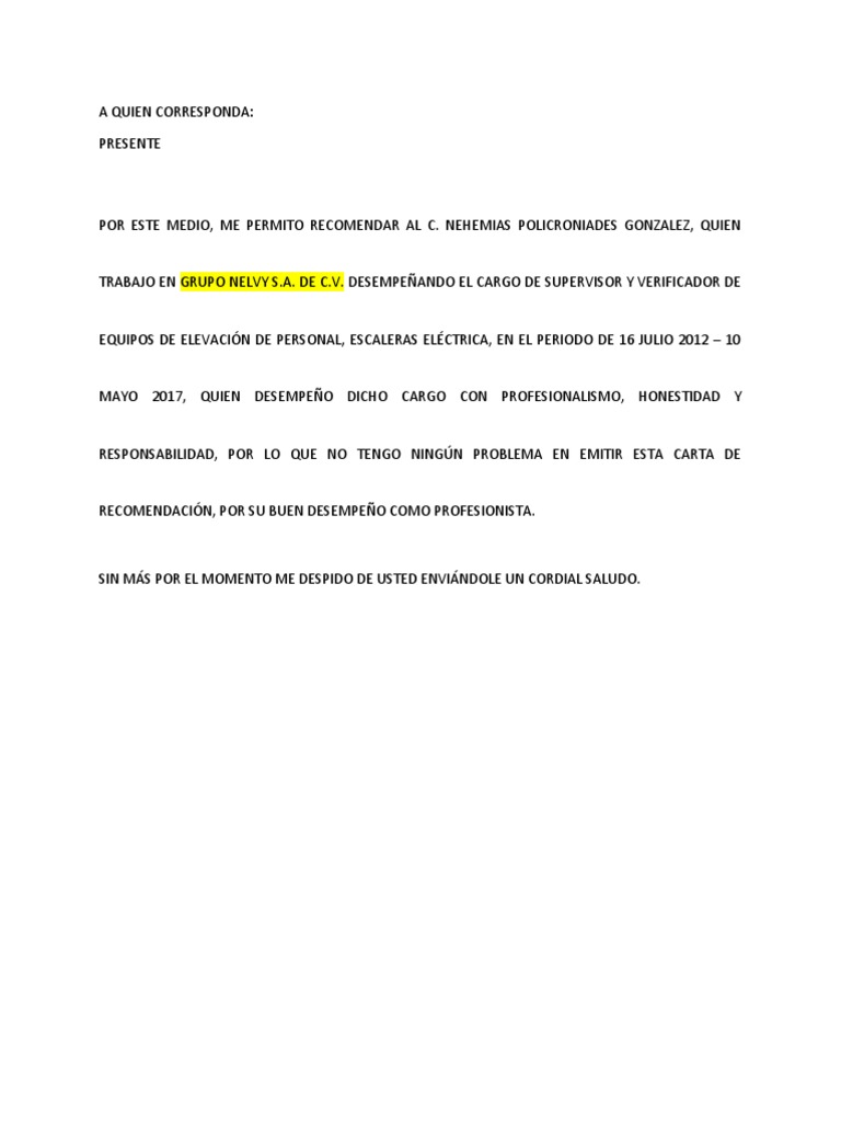 Machote Carta de Recomendacion | PDF