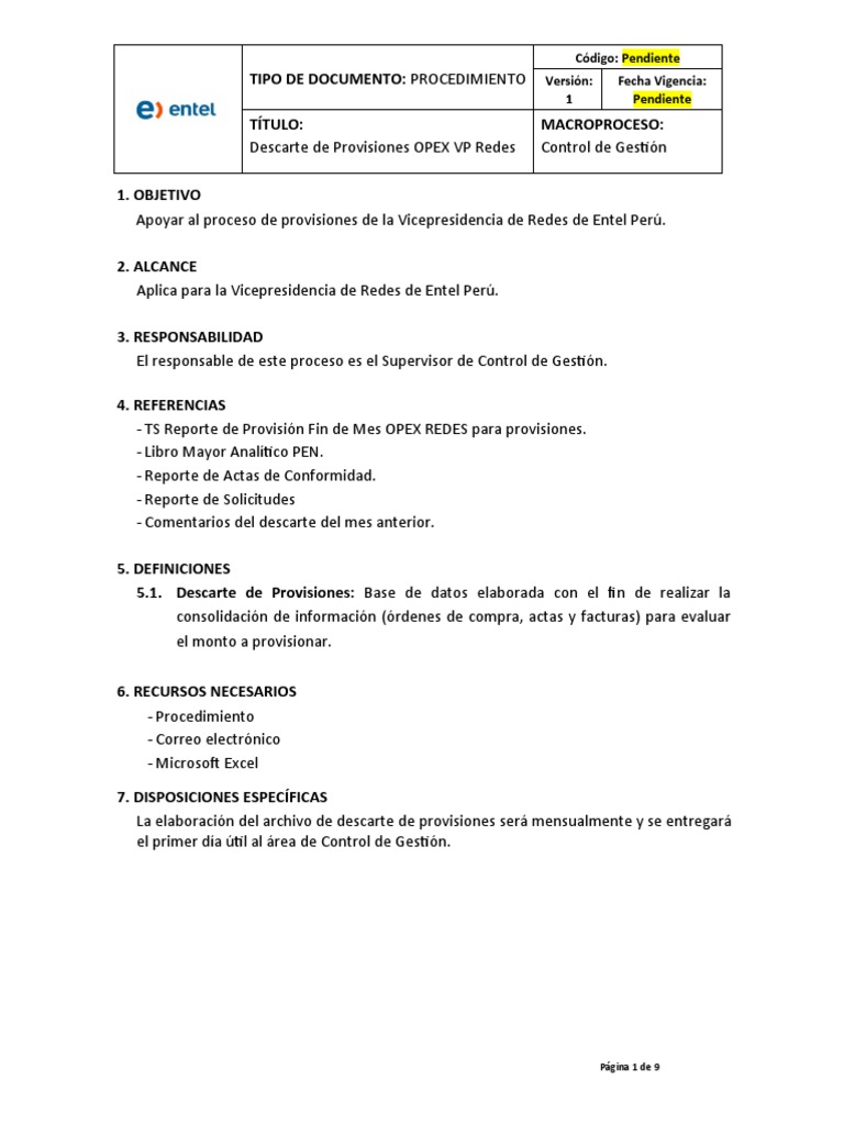 P0X Descarte de Provisiones Redes OPEX v2 | PDF | Informática