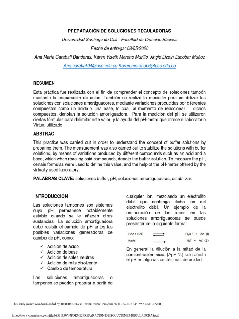 Informe Preparacio N de Soluciones Reguladoras PDF | PDF | Solución tampón | Ácido clorhídrico
