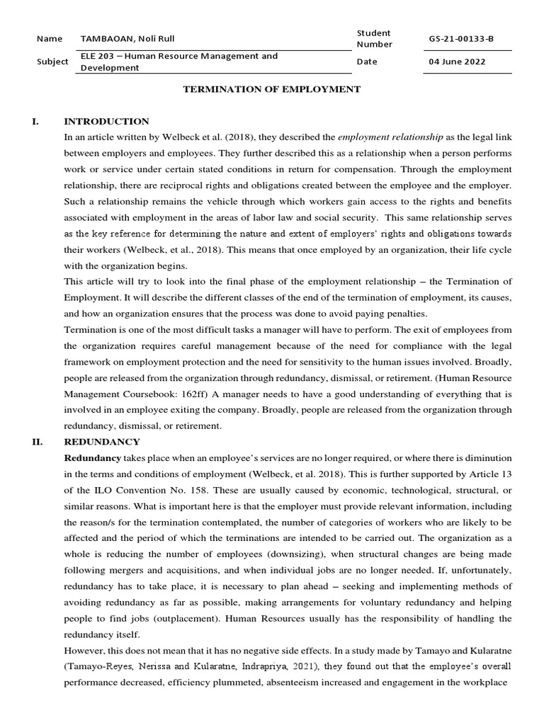 TAMBAOAN - Termination of Employee Relationship - 06.04.22v2.5 | PDF | Layoff | Employment