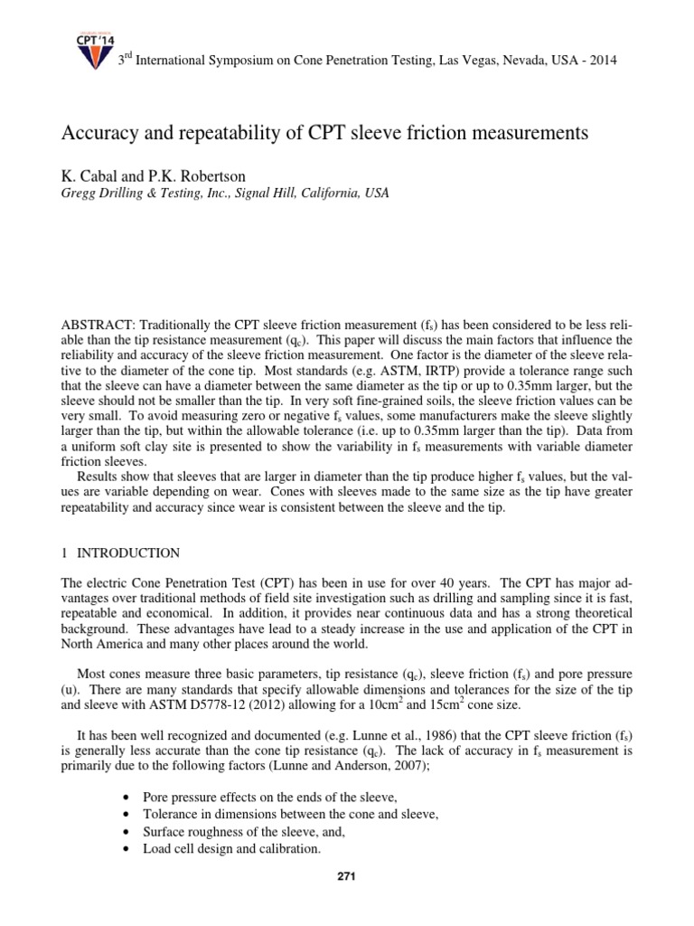 2014 - Accuracy and Repeatability of CPT Sleeve Friction Measurements | PDF