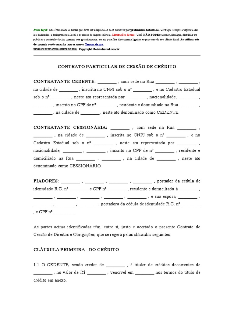Termo De Cessão De Crédito Pdf Crédito Finanças E Administração