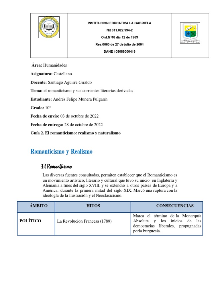Guía 2. El Romanticismo - Realismo y Naturalismo Andrés Munera - 10 ...