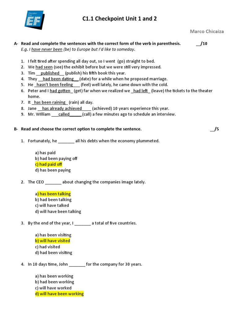 Checkpoint Tests for Unit 1 and 2 | PDF | Language Arts & Discipline ...