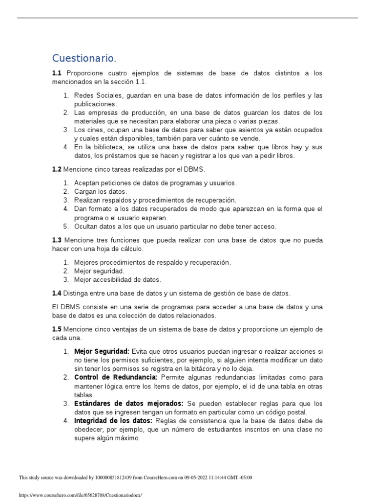 Cuestionario | PDF | Bases de datos | Usuario (informática)