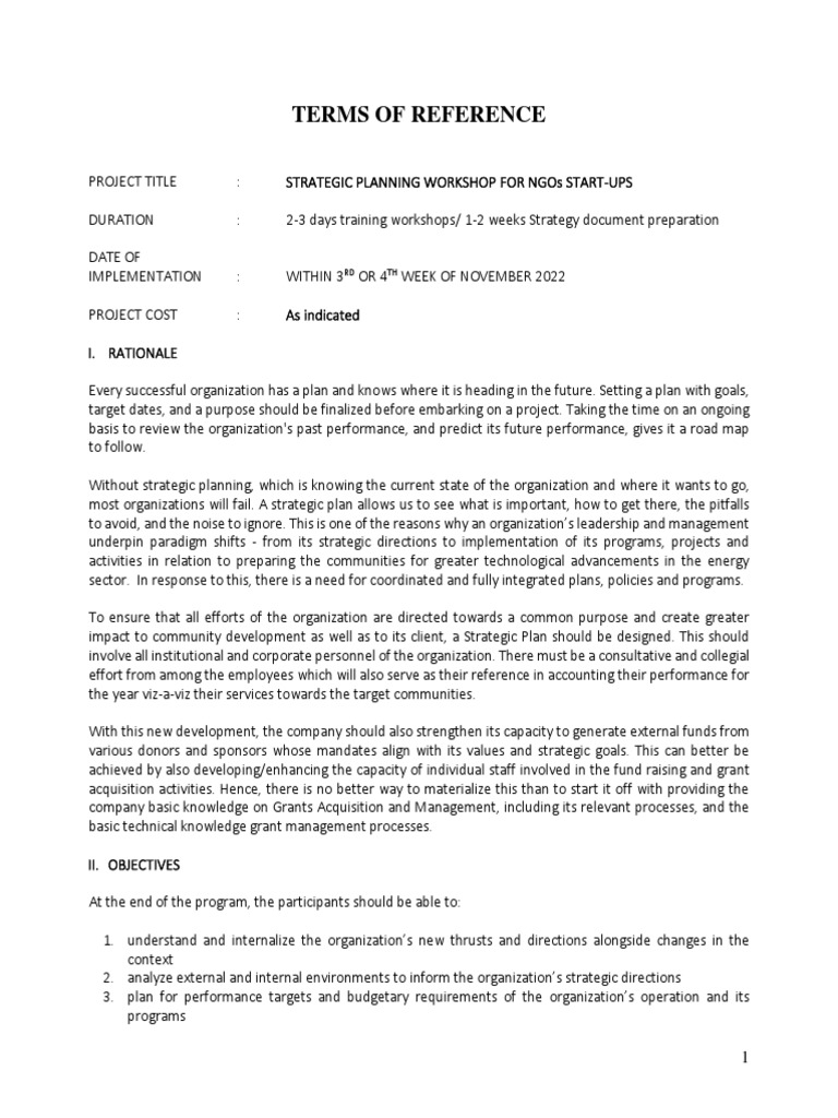 TERMS of REFERENCE-Strategic & Action Planning WRKSHP For NGOs | PDF ...