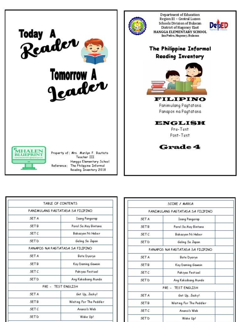 PHIL-IRI GRADE 4 BOOKLET MA'AM MHALEN For Printing | PDF