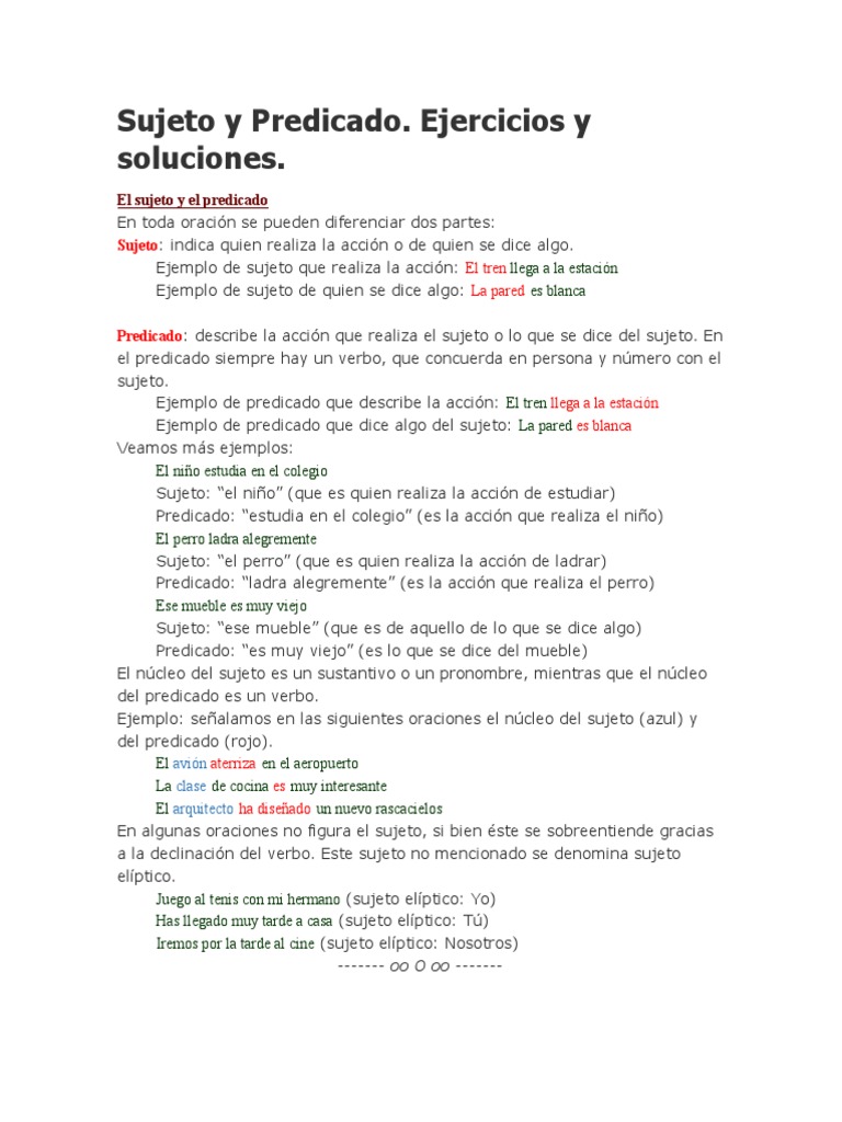 Sujeto y Predicado: Ejercicios Prácticos | PDF | Predicado (Gramática ...