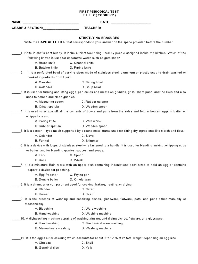 Grade 10-Cookery 1st Periodical Test | PDF