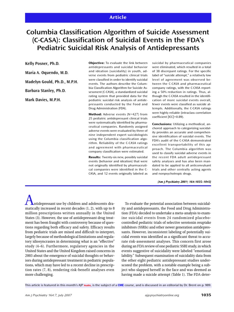 Columbia Classification Algorithm of Suicide 2007. | PDF ...