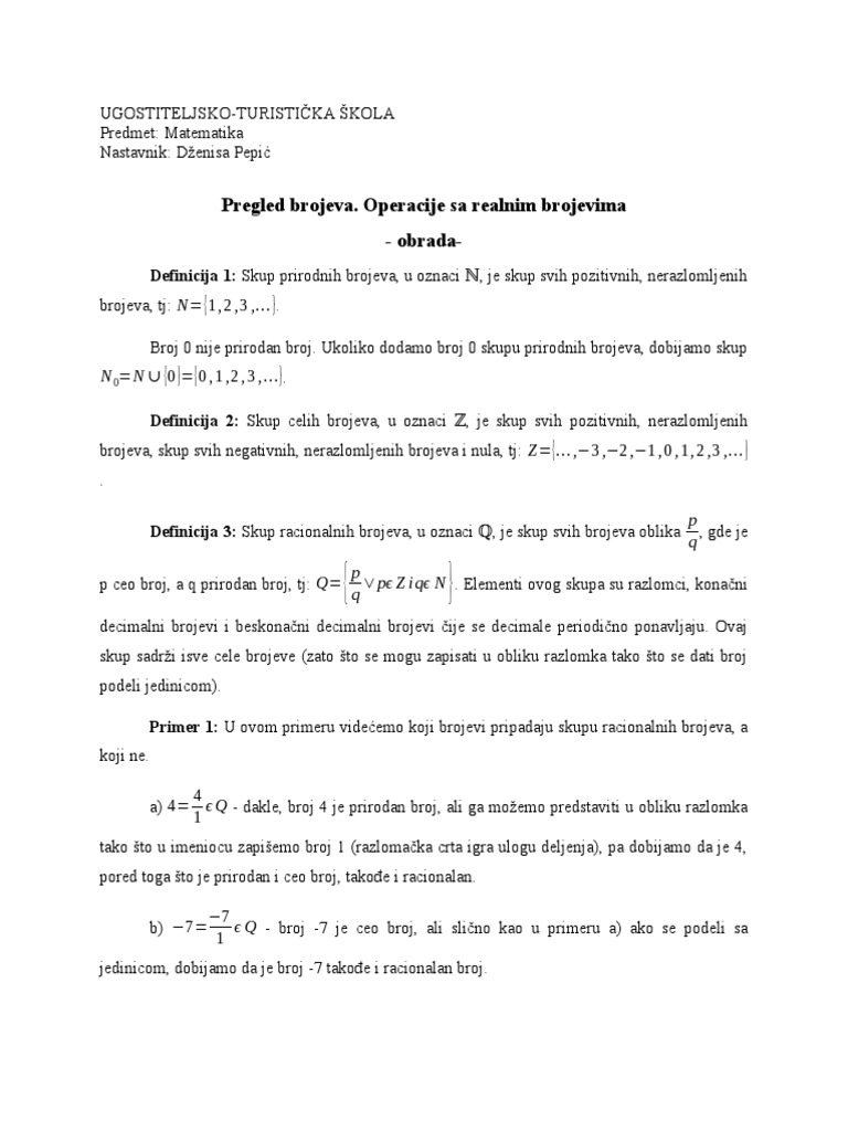 Skupovi Brojeva (Prirodni, Celi, Racionalni, Iracionalni, Realni) | PDF
