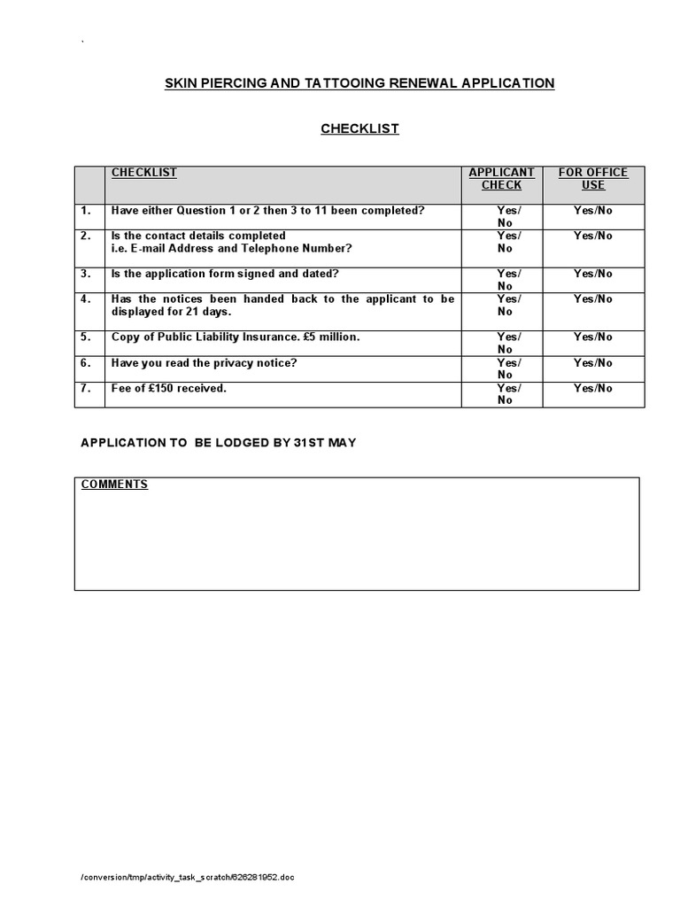 Tattoo & Piercing License Renewal Form | PDF | License | Tattoo