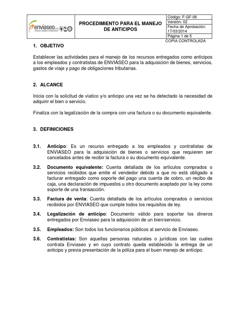 Procedimiento De Manejo De Anticipos Pdf Factura Contabilidad 9468