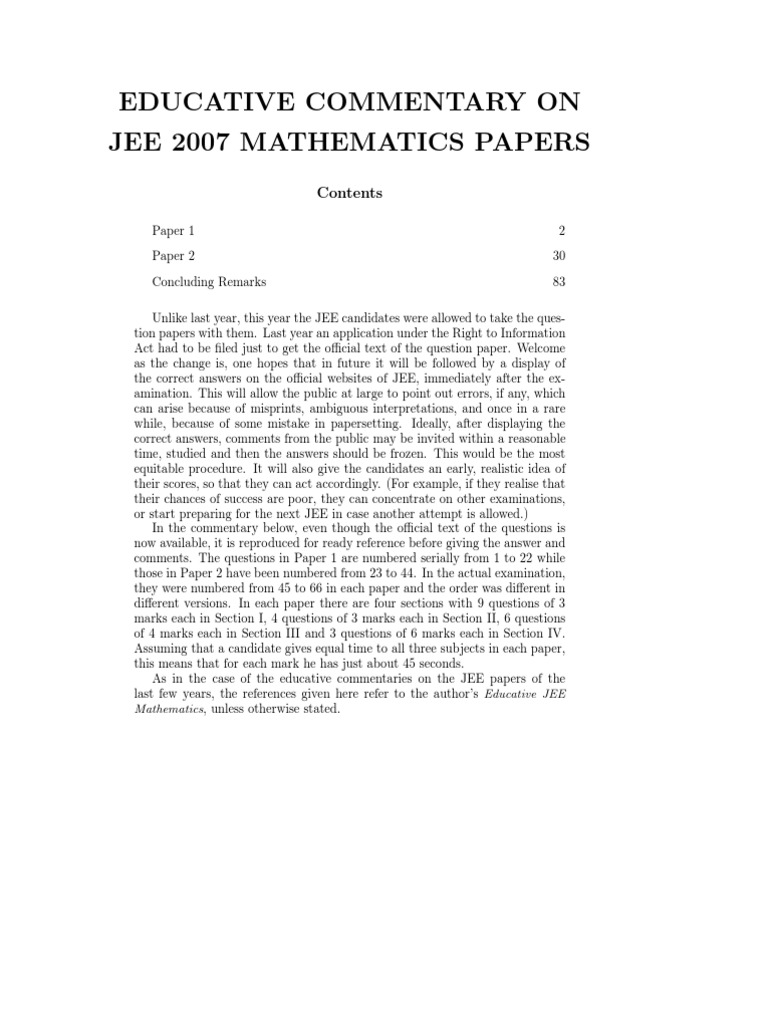 Educative Commentary On Jee 2007 Mathematics Papers | PDF | Sine ...