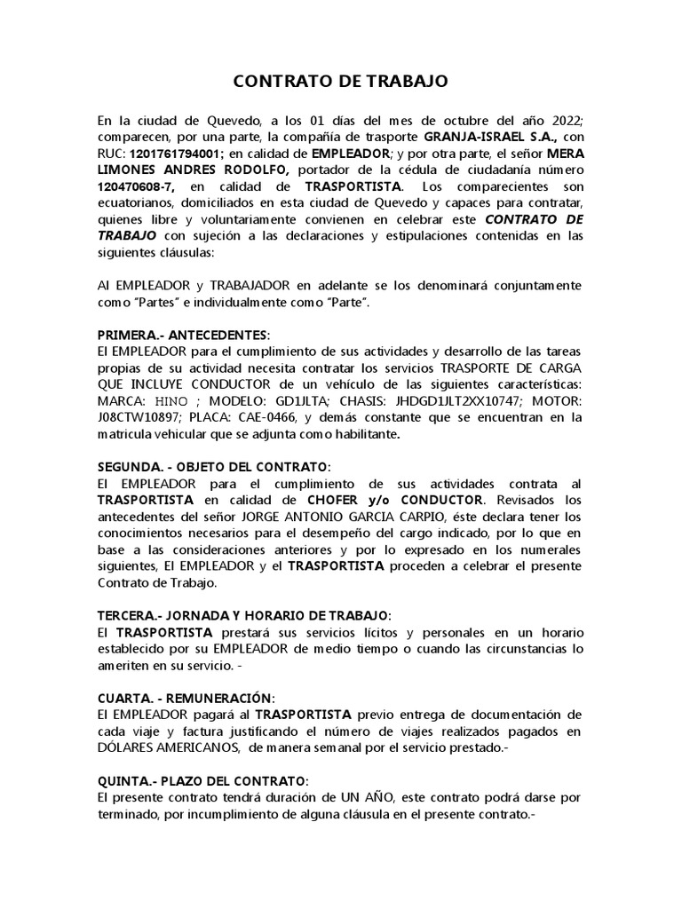 Contrato de Trabajo Chofer - Jorge Garcia - Jeffrey Intriago | PDF
