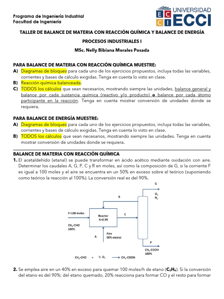 Taller 3 - Balance de Materia Con Reacción y Balance de Energía | PDF | Reacciones químicas ...
