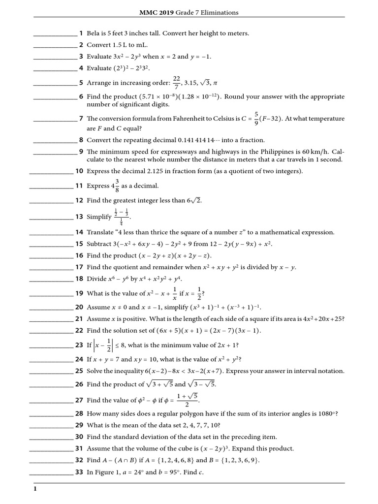 MMC 2019 Grade 7 Eliminations - With Answers | PDF | Decimal | Numbers