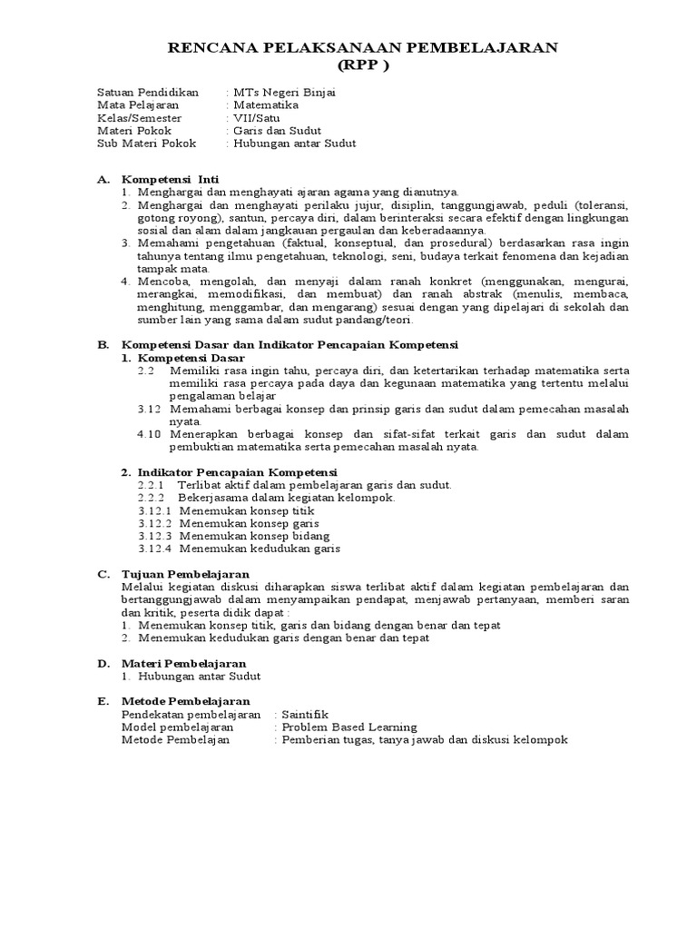 RPP HUBUNGAN ANTAR SUDUT Ganjil 1 Ok | PDF