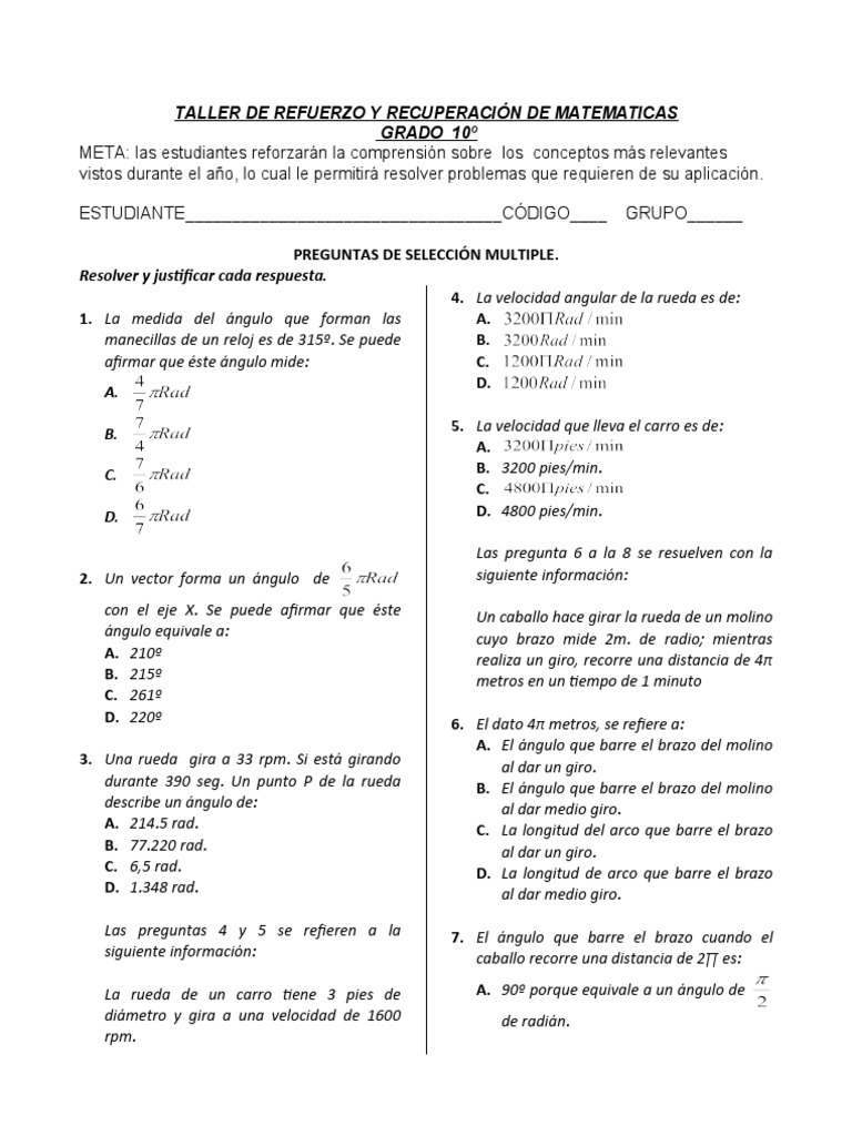 Taller Derefuerzo y Recuperacion Matematica Decimo Grado | PDF | Triángulo | Geometría Elemental