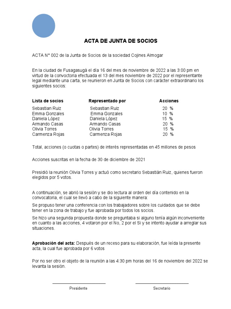 Acta de Junta de Socios | PDF Acta de Junta de Socios | PDF