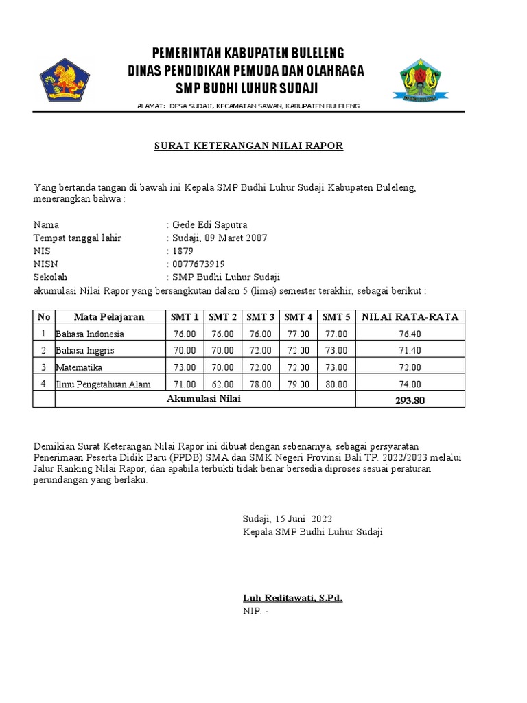 Surat Keterangan Rapor 2021-2022 | PDF