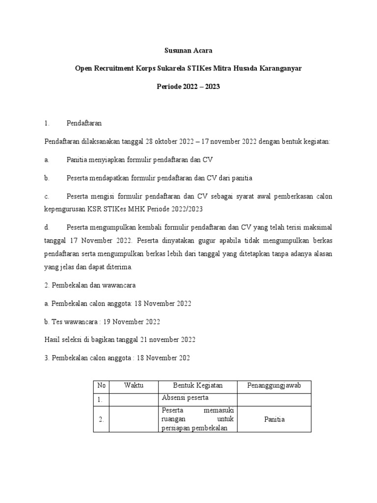 Rundown Acara Oprec KSR | PDF
