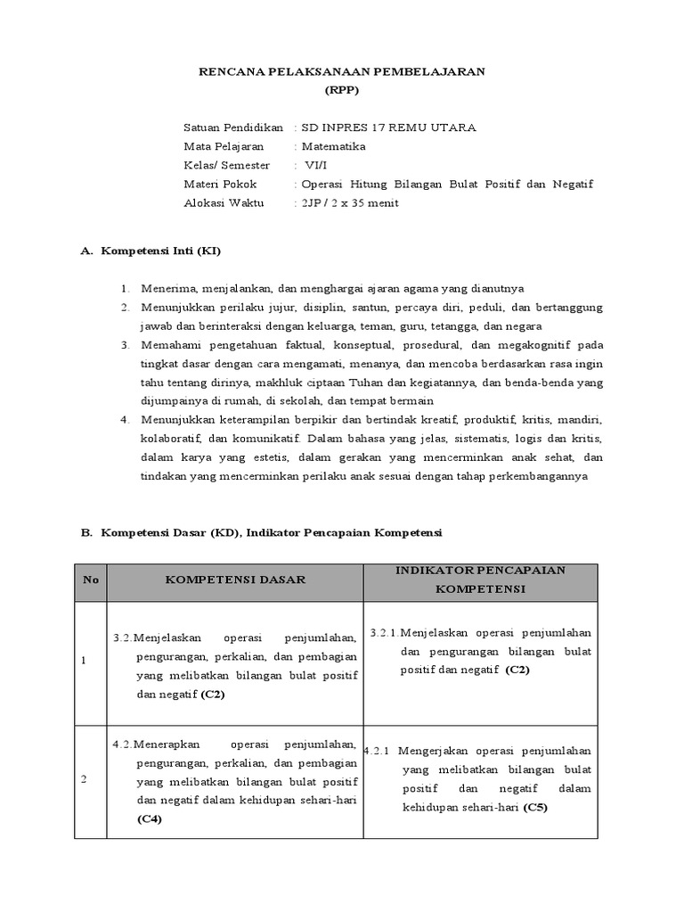 RPP Matematika Penjumalahan Bilangan Bulat Positif Dan Negatif | PDF