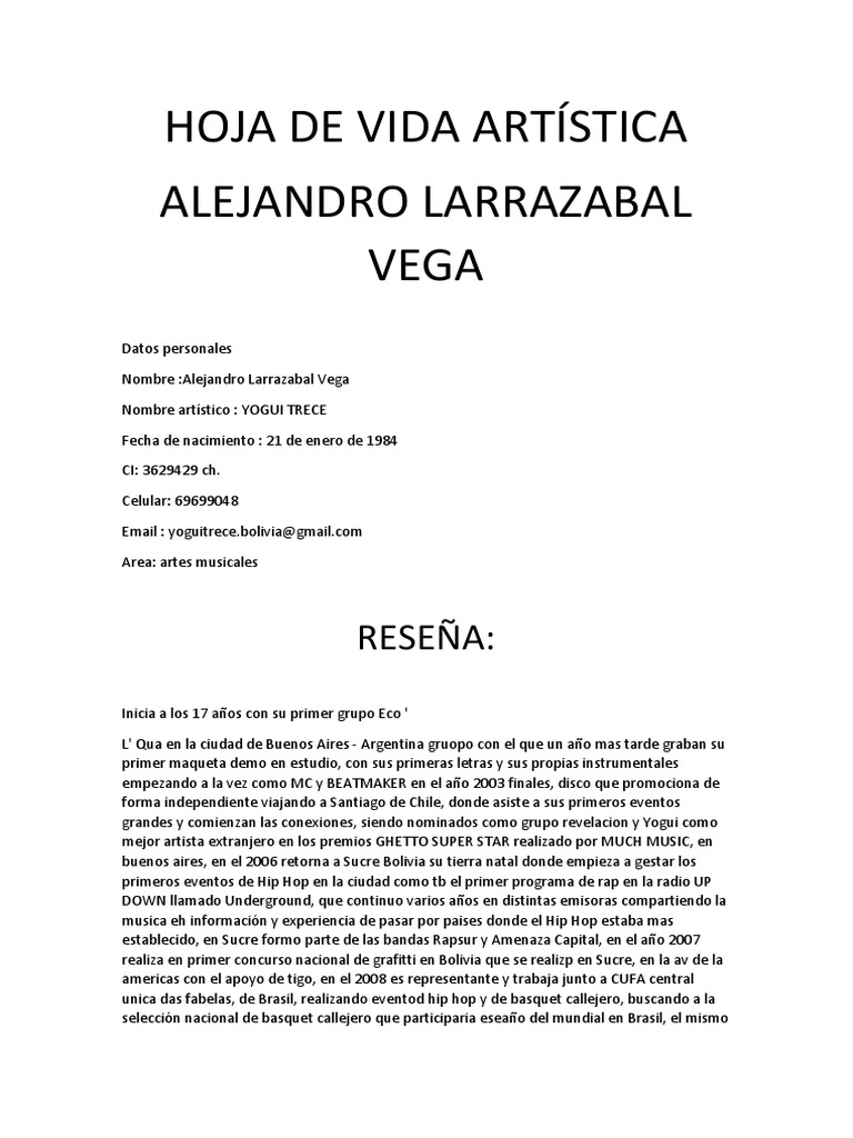 Hoja de Vida Artística de Yogui Trece | PDF | Bolivia | Musica Popular