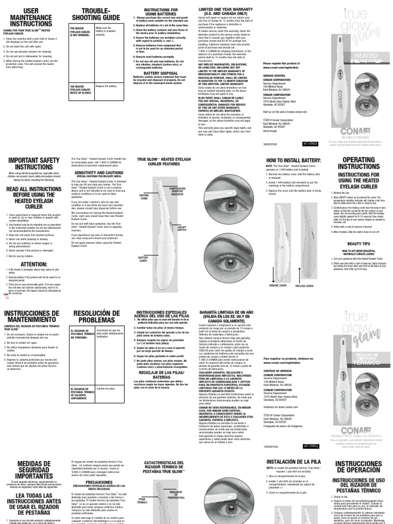 CONAIR HEC3 Heated Eyelash Curler Instruction Manual | PDF