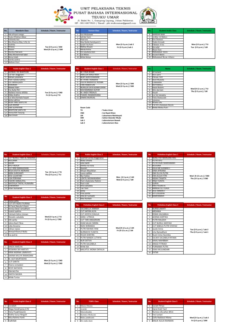 Class Schedules and Instructors List | PDF