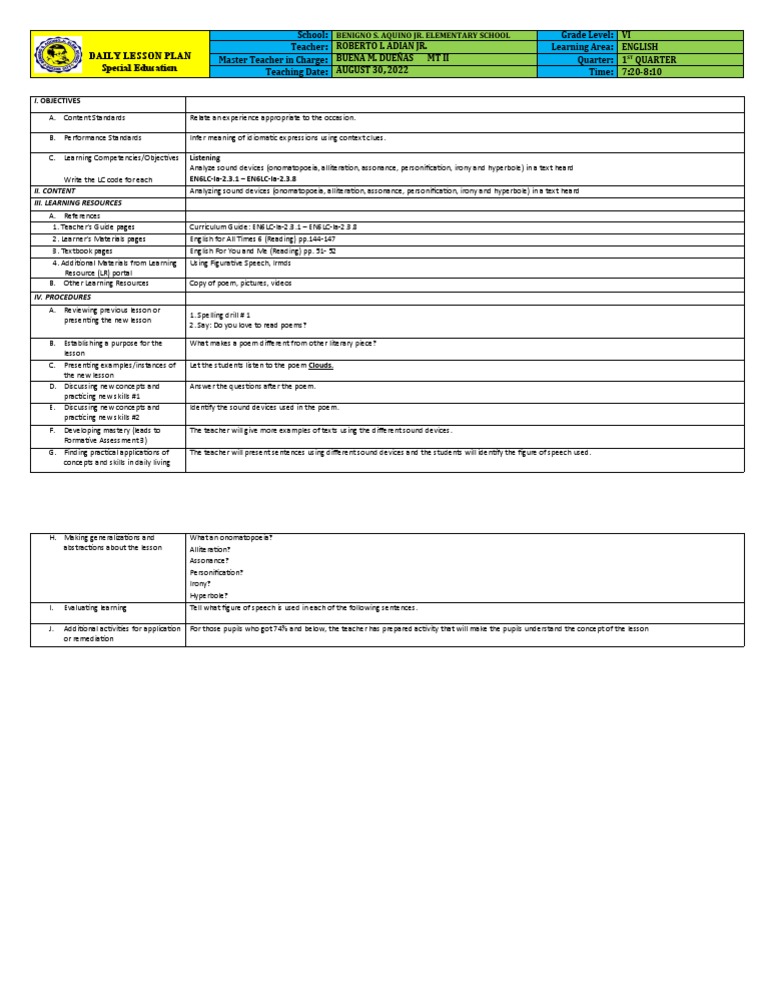 DLP - English 6 - Q1 - W1 | PDF | Teachers | Learning