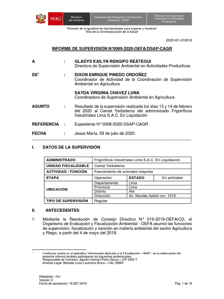 Informe de Supervisión N°0069-2020-Oefa/dsap-Cagr | PDF