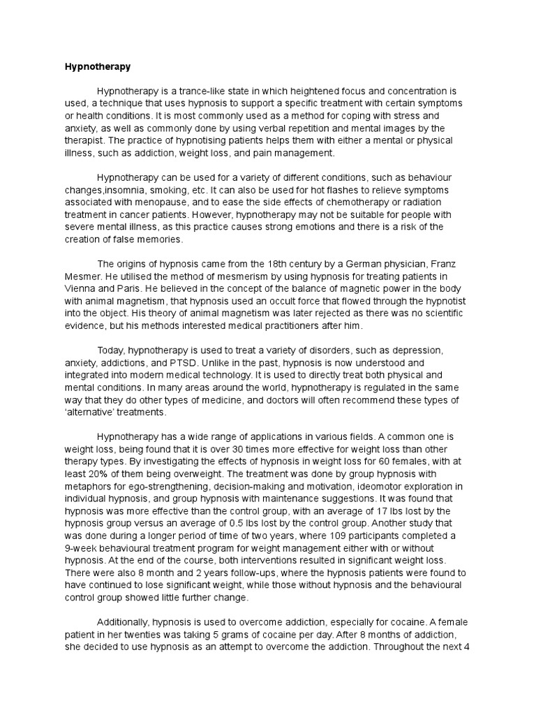 Hypnotherapy: Benefits & Uses | PDF