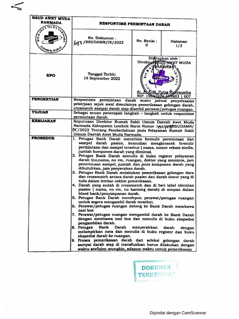 SOP Respontime Permintaan Darah | PDF