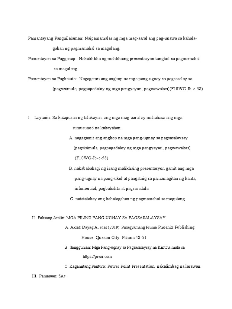 Mga Piling Pang-Ugnay Sa Pagsasalaysay Detalyadong Banghay Aralin | PDF