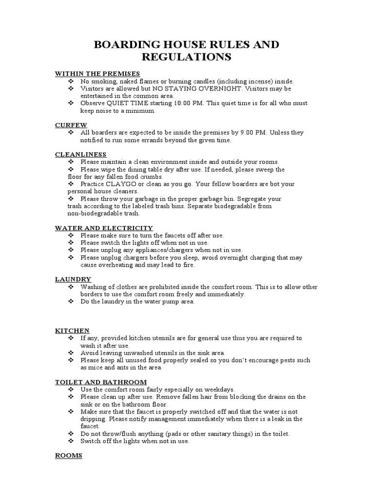 Boarding House Rules and Regulations | PDF