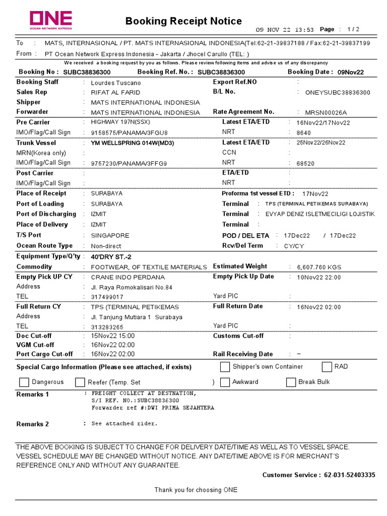 Booking Receipt for Ocean Freight SUBC38836300 | PDF