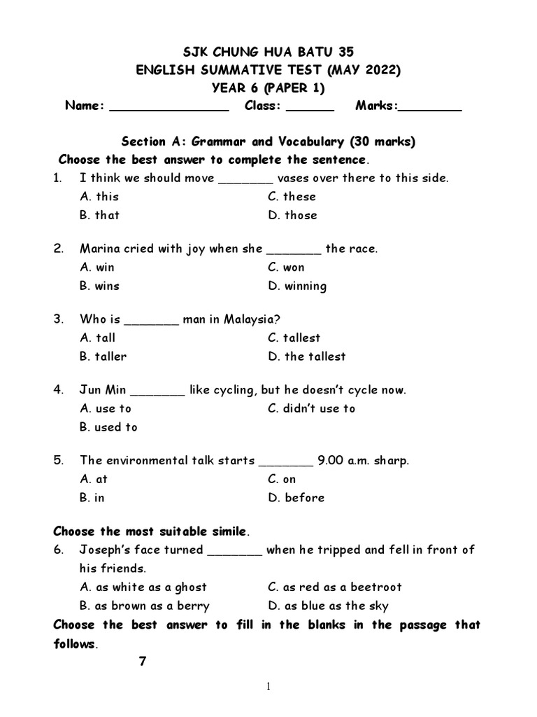 English Year 6 Paper 1 | PDF